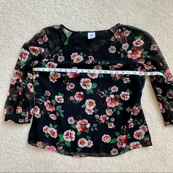 CAbi | Tops | Cabi 3595 Garden Black Floral Chiffon Sheer Blouse S ...